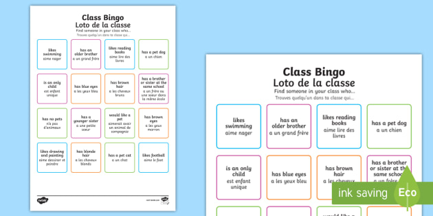 Class Welcome Transition Bingo - English/French