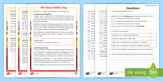 KS1 All About Bodhi Day Differentiated Reading Comprehension Activity