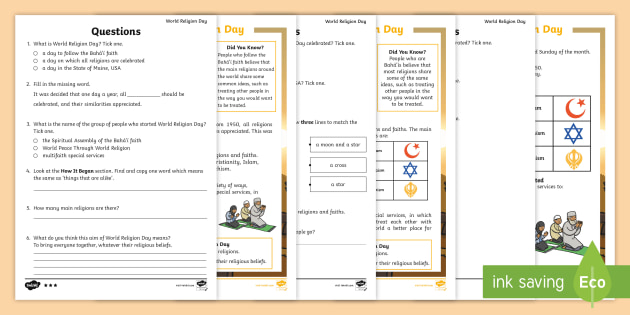 KS1 World Religion Day Differentiated Reading Comprehension Activity