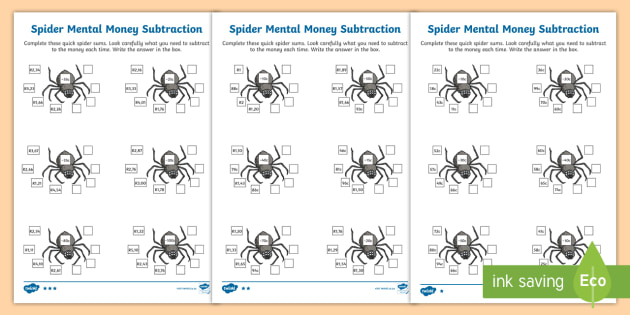 Spider Mental Money Subtraction Differentiated Worksheets