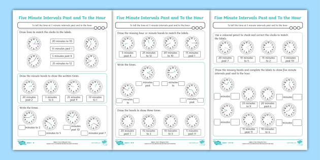 👉 Time Five Minute Intervals Past and To Maths Activity Sheets