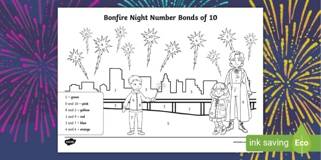 👉 Bonfire Night Number Bonds to 10 Colour by Calculation