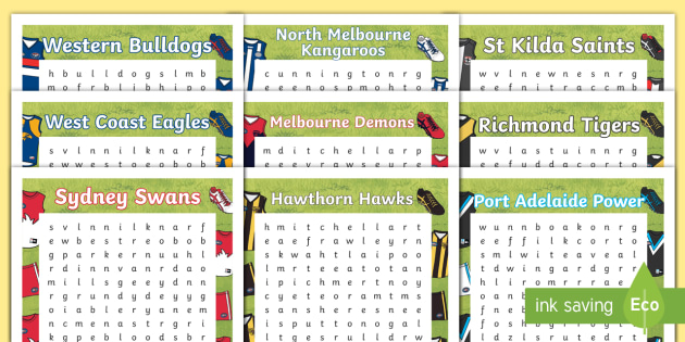 AFL Word Searches (Hawthorn Hawks to Western Bulldogs) Resource Pack - 5-6