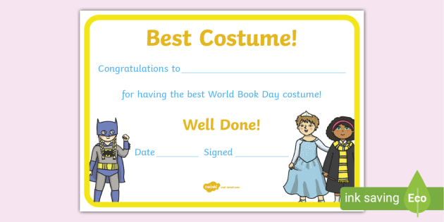 Best Costume World Book Day Certificate (teacher made)