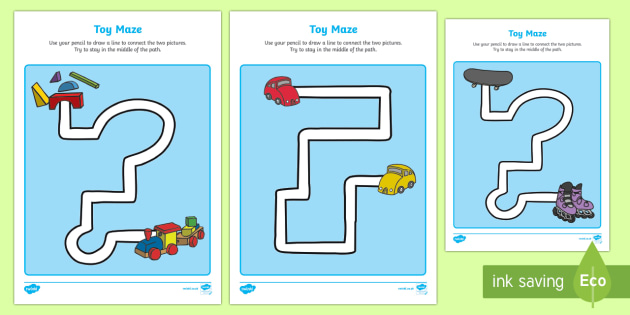 Toy Themed Pencil Control Path Worksheet / Worksheets- toys, pencil control
