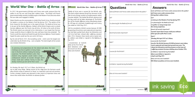 First World War Battle of Arras Differentiated Reading Comprehension ...