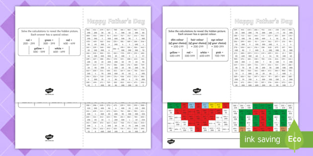 Father's Day Addition Subtraction of Ones Tens Hundreds Maths Mosaic Cards