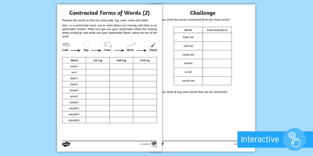 Year 2 Spelling Practice Contracted Forms of Words (2) Worksheet