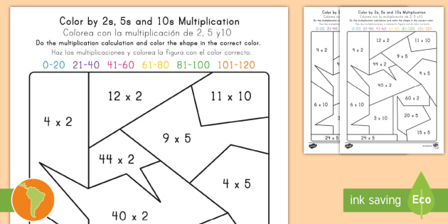 Mixed Color by 2s, 5s, and 10s Multiplication Worksheet / Worksheet