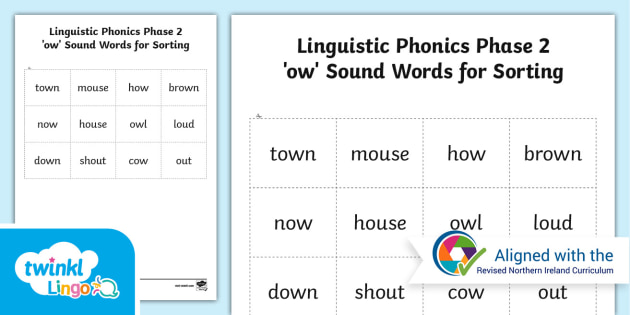 Northern Ireland Linguistic Phonics 2 'ow' Sound Words for Sorting Sheet