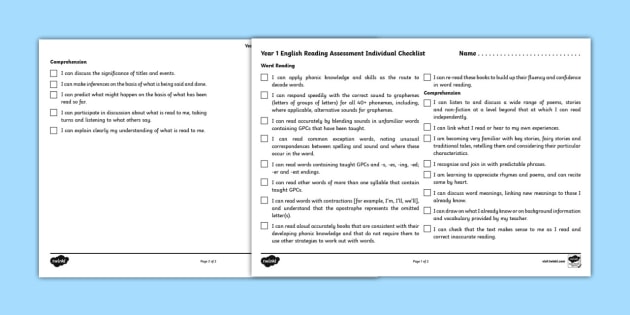 2014 National Curriculum Year 1 English Reading Assessment Individual List
