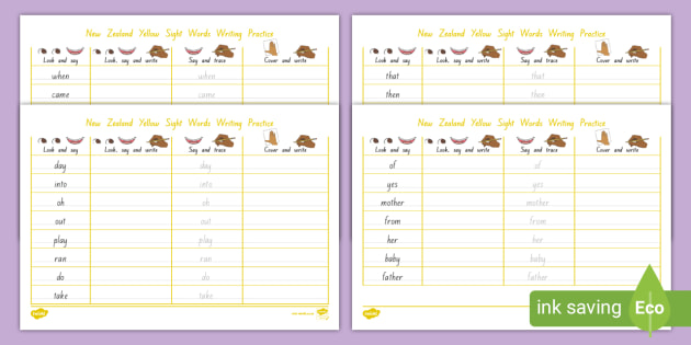 New Zealand Yellow Sight Words Writing Practice
