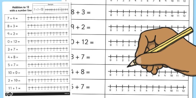 Addition to 12 with a Number Line Worksheet / Worksheet