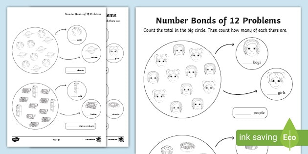Number Bonds to 12 Problems Worksheet -numbers, bond, worksheet