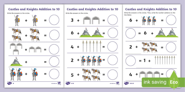 Castles and Knights Addition to 10 Differentiated Worksheets