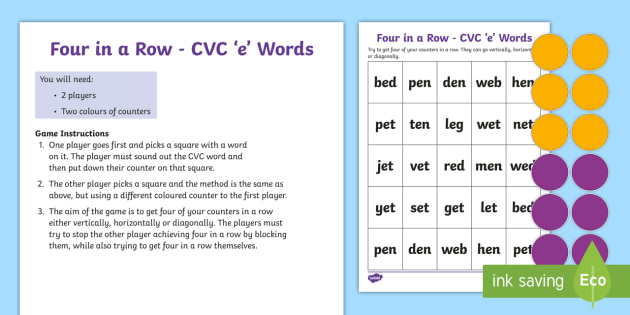Four in a Row CVC 'e' Words Game (teacher made)