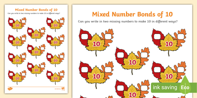 Autumn Leaf Number Bonds to 10 Worksheet / Worksheet