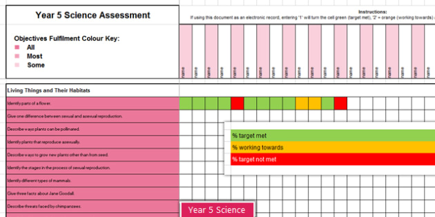 Y5 Science Assessment Spreadsheet