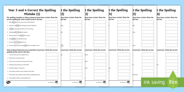 Year 3 and 4 Correct the Spelling Mistakes Set 3 Activity Pack