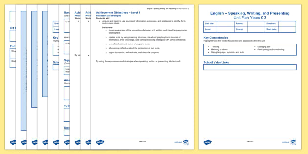 New Zealand English Years 0 3 Unit Plan Template