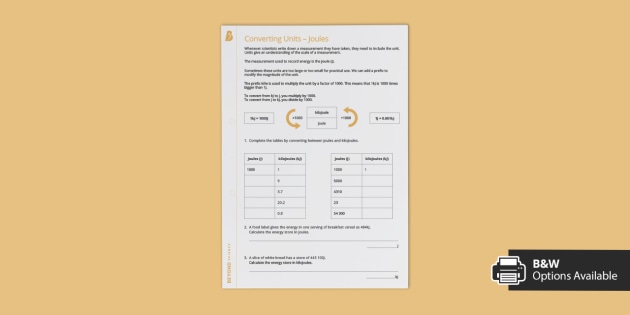 Convert Joules to Kilojoules Worksheet |KS3 Physics | Beyond
