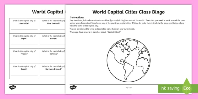 The Great Class Quiz Off World Capital Cities Class Bingo