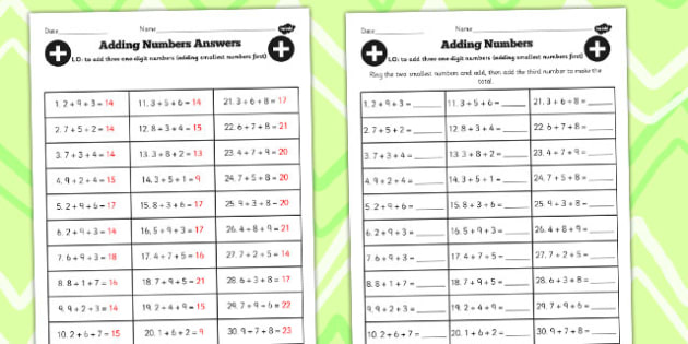 FREE! - Adding 3 1 Digit Numbers Lesson 3 First Worksheet, Small, Maths