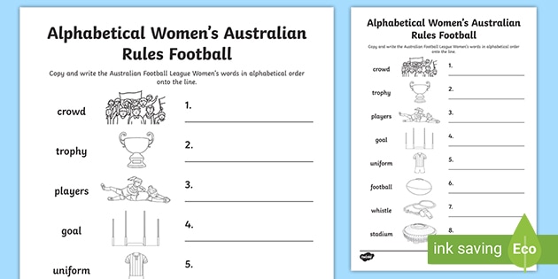 Women's Australian Rules Football Alphabet Ordering Worksheet