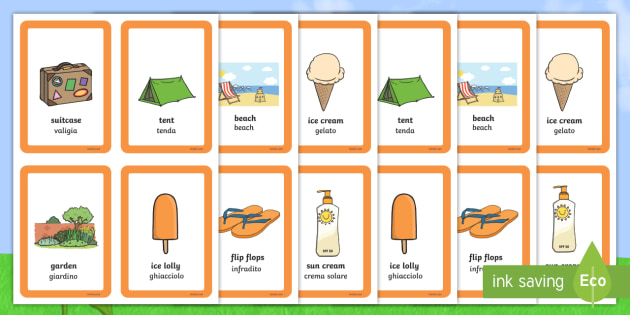 Summer Pairs Matching Game English/Italian - Summer Pairs Matching Game