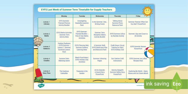 FREE! - Kindergarten Reception End of Summer Term Timetable -Supply ...