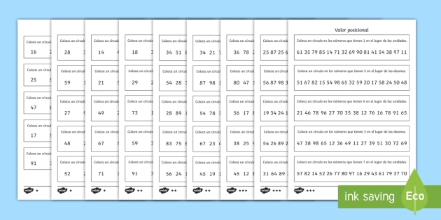 Fichas de actividad: Valor posicional de decenas y unidades