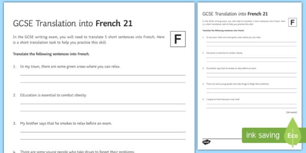 GCSE Translation into French 21 Foundation Tier Worksheet / Worksheet
