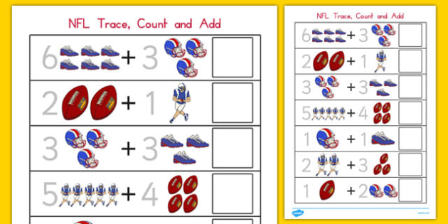 NFL Themed Trace, Count and Add Worksheet (teacher made)