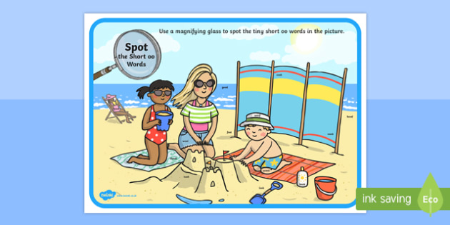 Phase 3 Short oo Words Beach Scene Magnifying Glass Worksheet / Worksheet,