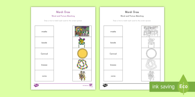 Mardi Gras Word and Picture Matching Activity (teacher made)