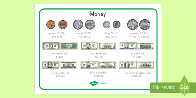 US Money Word and Picture Mat - money, coins, bills, penny