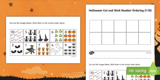 Halloween Themed Cut and Stick Number Ordering 1-10 Activity