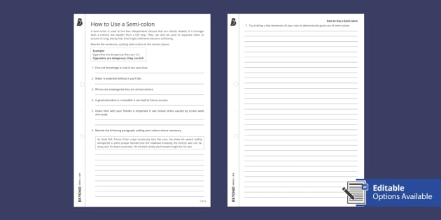 Using Semicolons Worksheet | SPaG | Beyond English