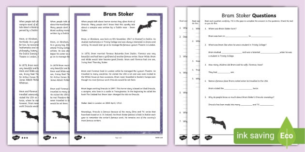 Bram Stoker Differentiated Reading Comprehension Worksheet / Worksheet ...