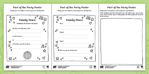 Part of the Party Disco Poster Differentiated Worksheets