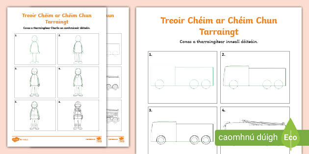 Charlie the Firefighter Step-by-Step Drawing Instruction Activity Gaeilge