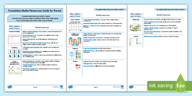 Foundation Maths Resources Guide for Parents (teacher made)