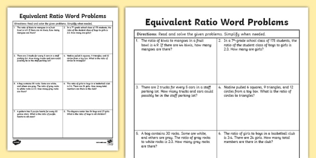 Proportion Word Problems Worksheets