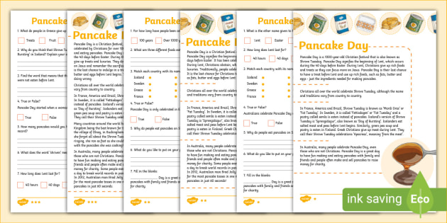 Pancake Day Differentiated Reading Comprehension Australia