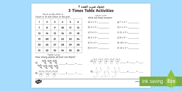 3 Times Table Worksheet / Worksheet Arabic/English - 3 Times Table ...