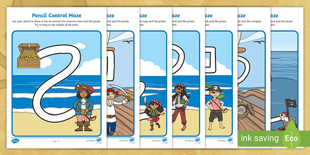 Pirate Themed Pencil Control Maze Worksheets