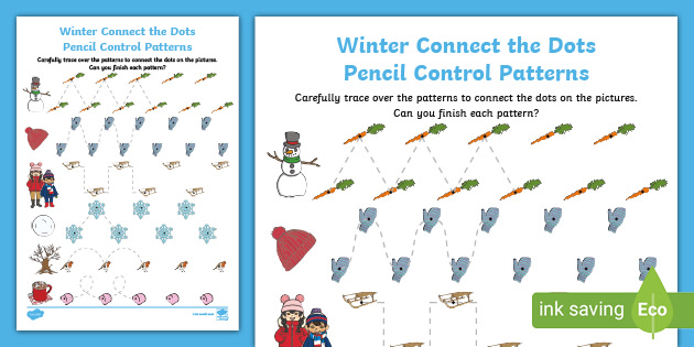 Winter Connect the Dots Pencil Control Patterns Worksheet