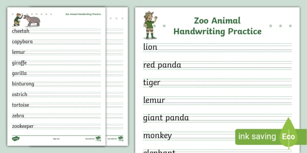 Zoo Animal Handwriting Practice Worksheets (teacher made)