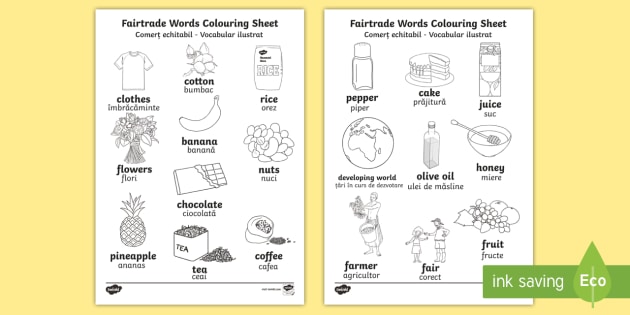 Fairtrade Words Colouring Sheet English/Romanian - Fairtrade Words ...
