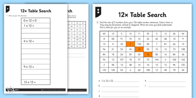 12 Times Table Worksheet Search Printable - Twinkl